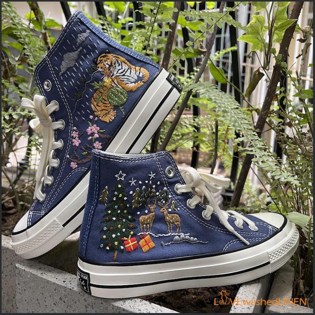 Custom Converse Taylor 70s Embroidered/ Tiger Flowers Embroidered Shoes ...
