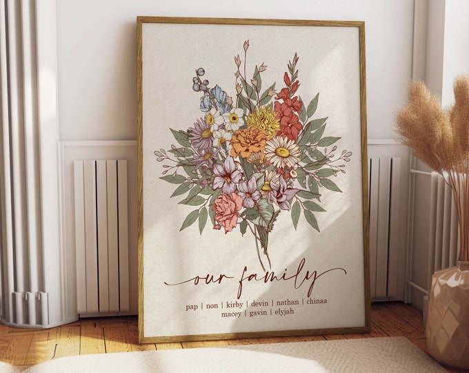 Boho Birth Flower Family Bouquet Print, Birth Month Flower Gift for Mom ...