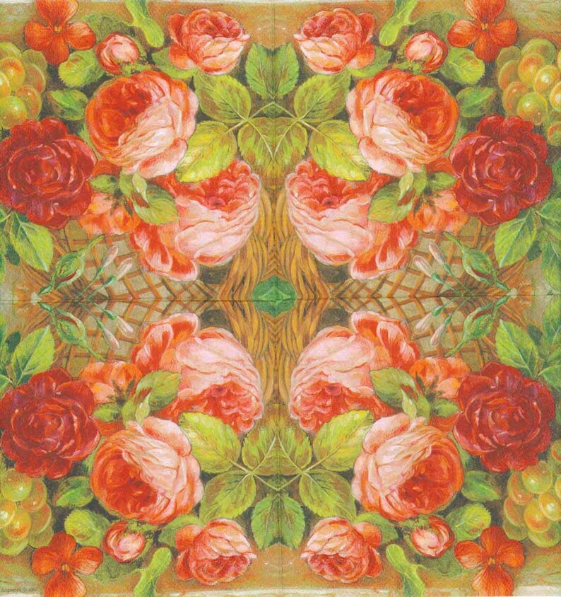 4 Decoupage Napkins | Still Life of a Basket of Roses | Rose Napkins ...