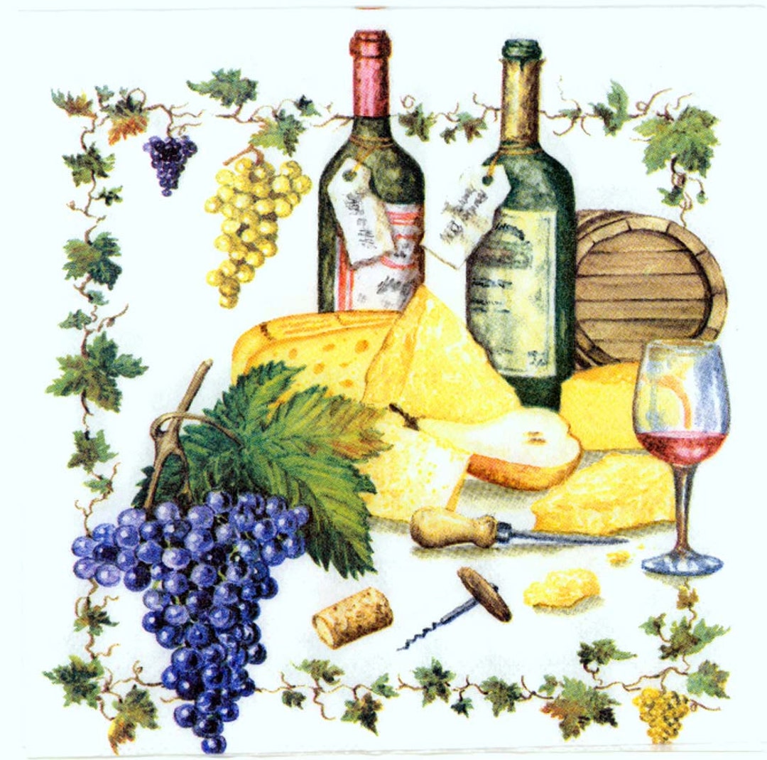 4 Decoupage Napkins | Grape Arbor Wine Bottles Grapes Barrels Corkscrew ...