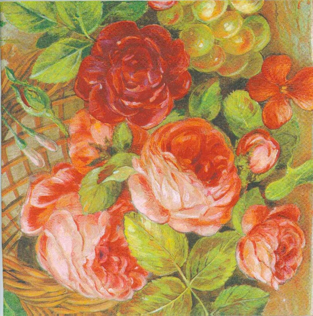 4 Decoupage Napkins | Still Life of a Basket of Roses | Rose Napkins ...