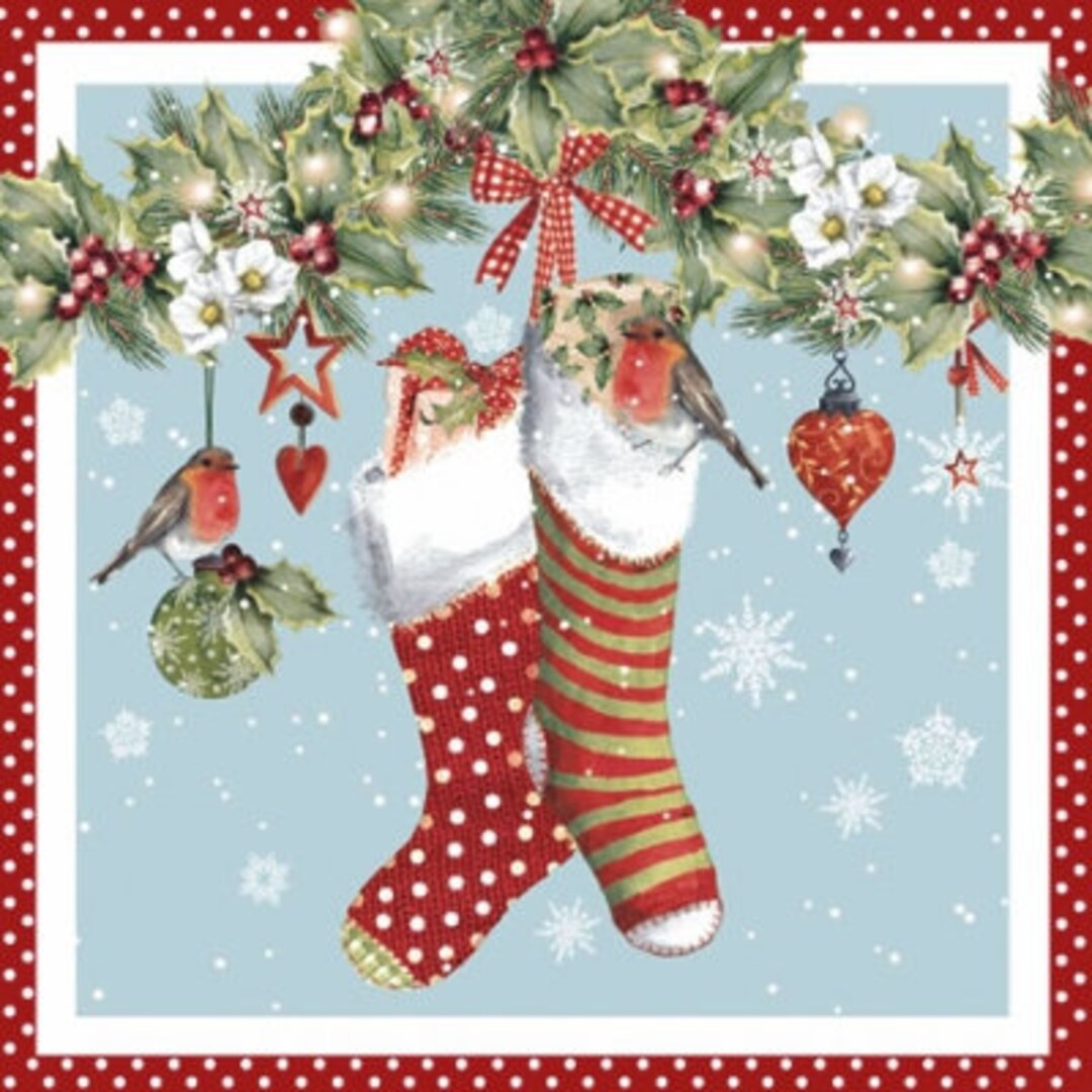 4 Decoupage Napkin | Robins in the Christmas Stocking | Holly Cherry ...