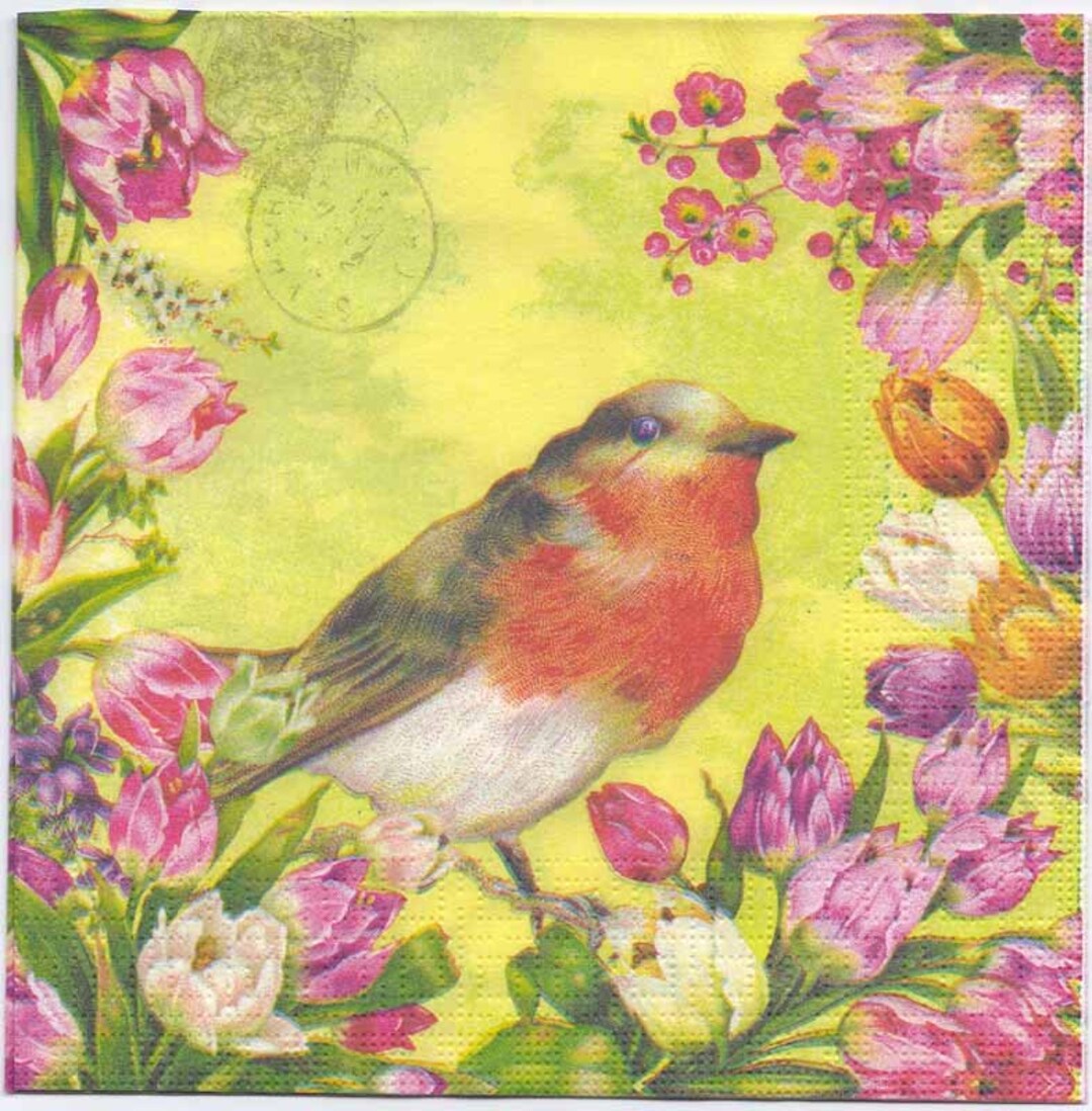 Vintage Robin and Flowers Decoupage Napkins (set of 4) - Etsy