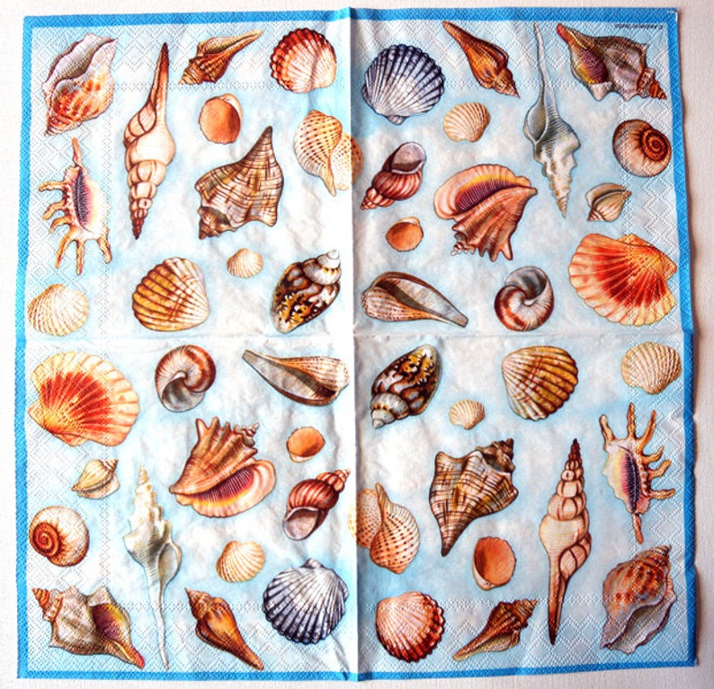 Decoupage Napkins Sea Shell Collection With Blue Background | Etsy