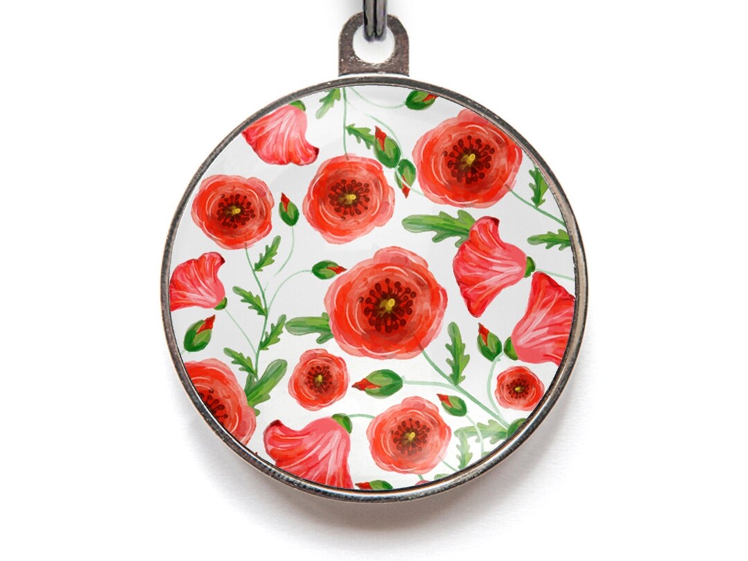 Floral Poppy Pet ID Tag – Watercolor Flower Dog Tag – Personalized Name ...