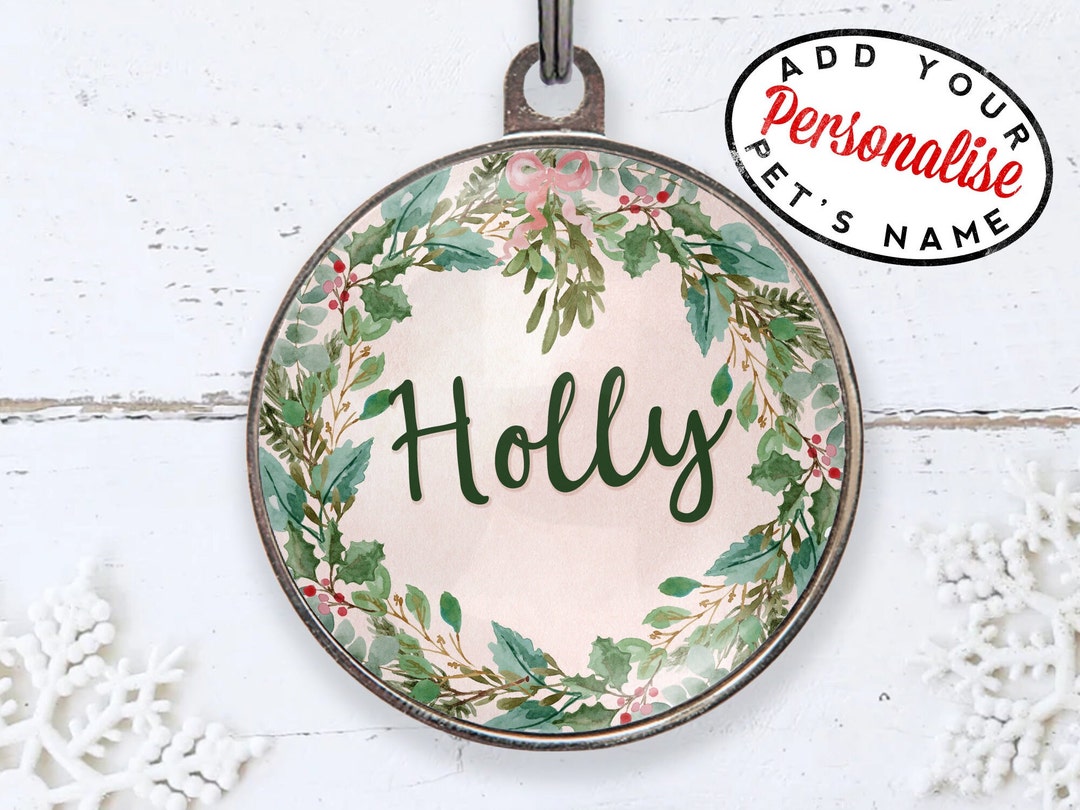 Holly Pet Name Tag, Christmas Floral Dog Tag, Personalized Holly Pet ...
