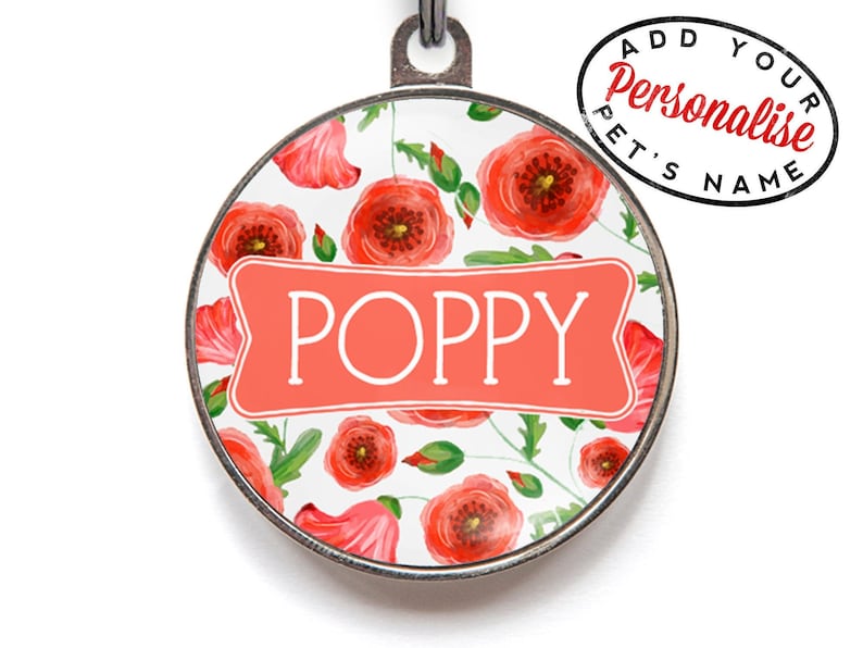 Poppy Dog Tag Flower Pet Tag Dog Name Tag Personalised Pet | Etsy UK