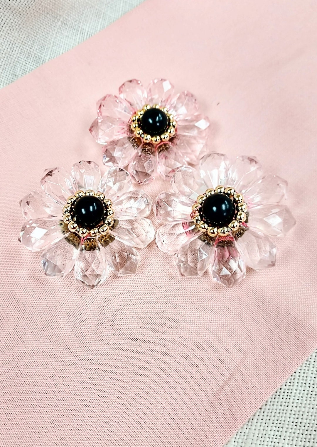 Three Pale Pink Tint Floral Plastic Buttons Metal Back Loop Shank ...