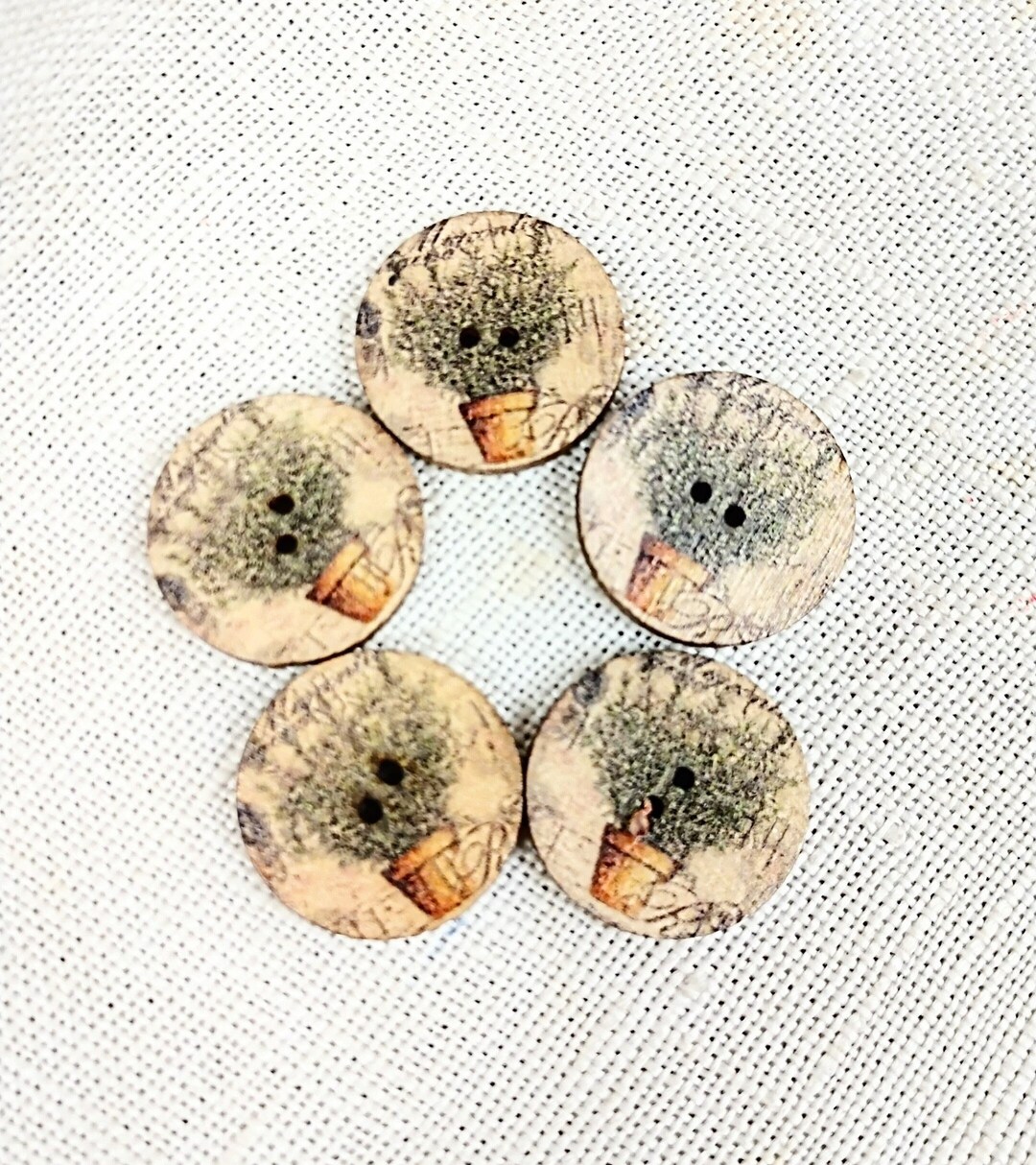 Five Flower Pot Wood Transfer Buttons 20 Mm 3/4 Sew Thru Mixed Lot of ...