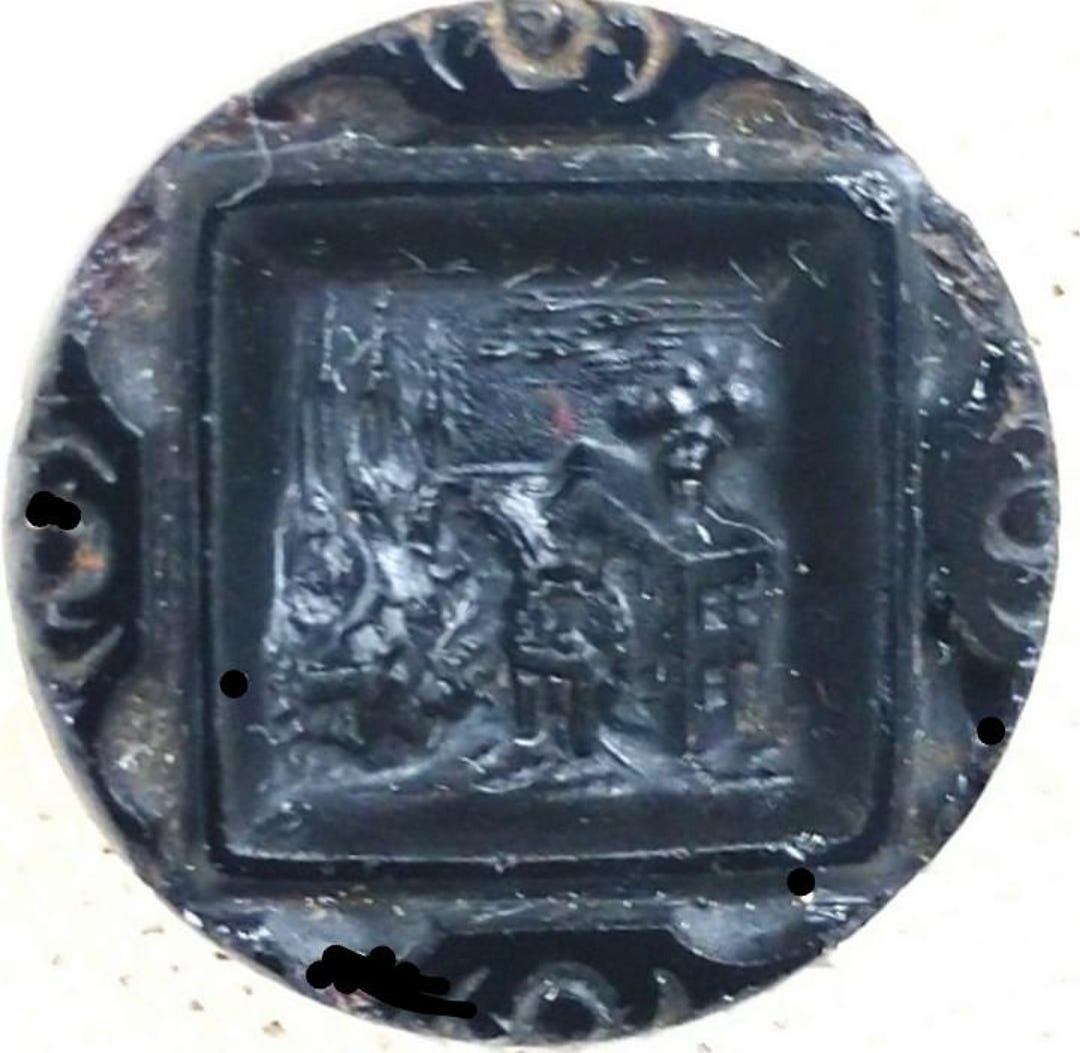 Antique Black Glass Deknatel Frame Button Mill Scene Patented December ...