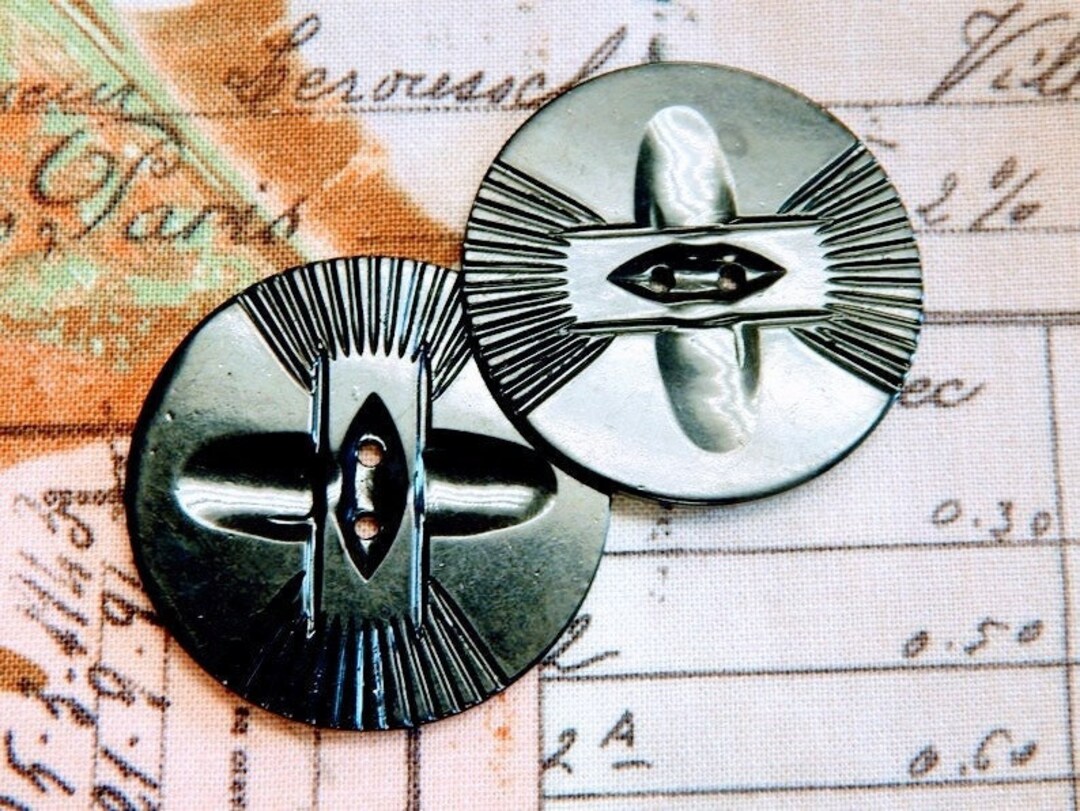 Two Black Molded Celluloid Wafer Buttons 1-1/2" 38mm Collector Coat ...
