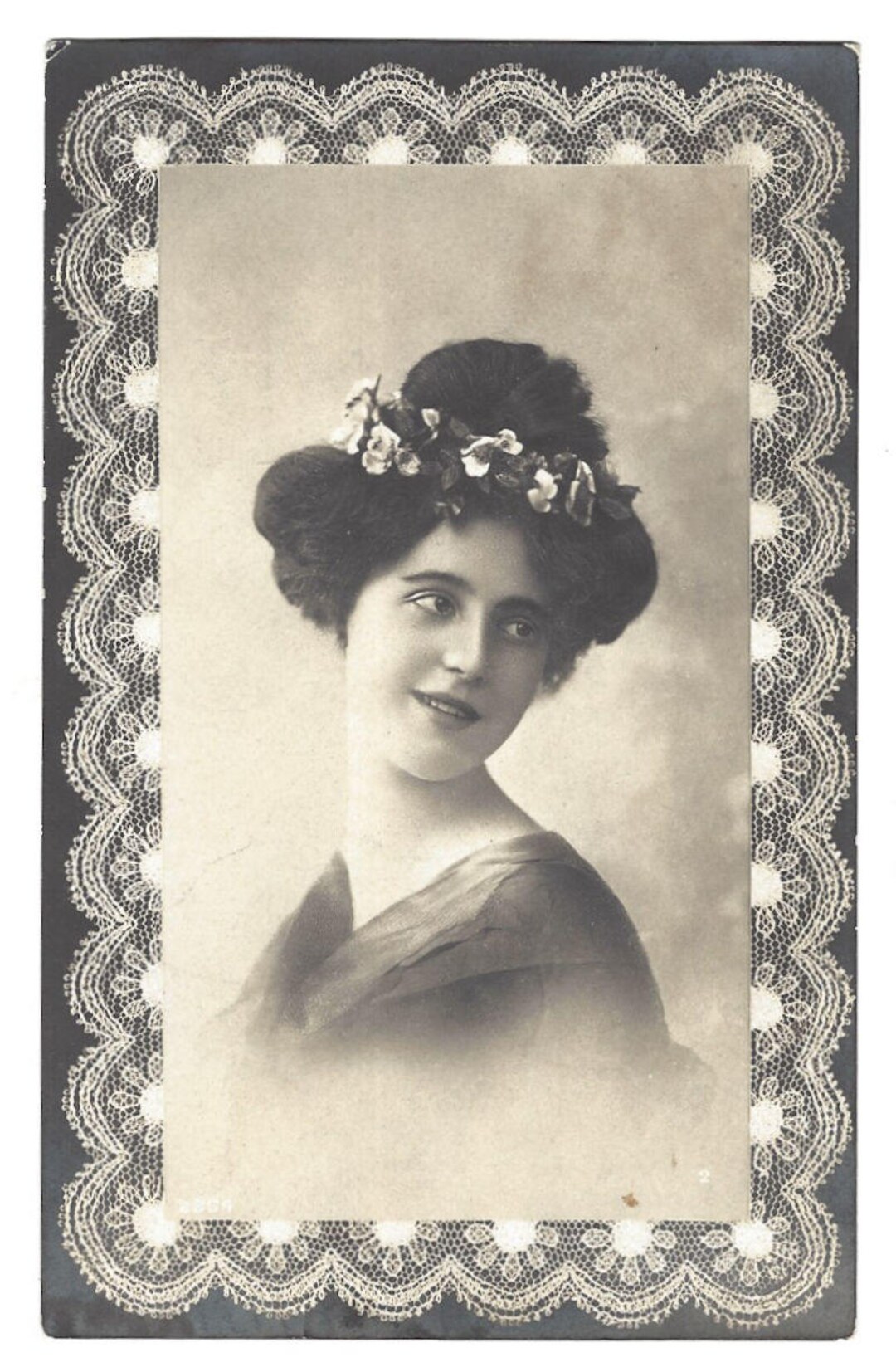 1912 Hair Fashion Postcard - Floral Garland - Printed Lace Edge - Etsy