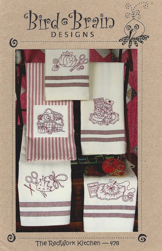 Redwork Kitchen Towel Embroidery Pattern BBD478 Designer Robin - Etsy