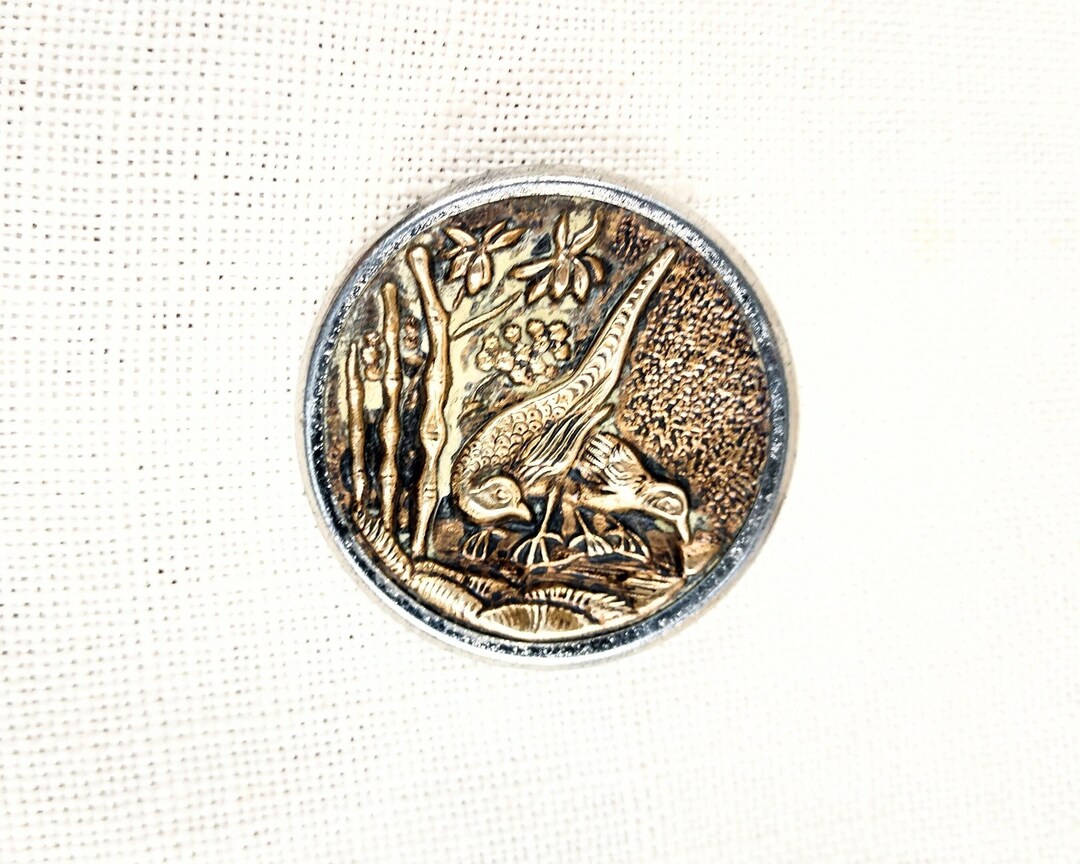 Pheasant and Bamboo Picture Button Stamped Brass Wire Shank 35mm 1-3/8 ...