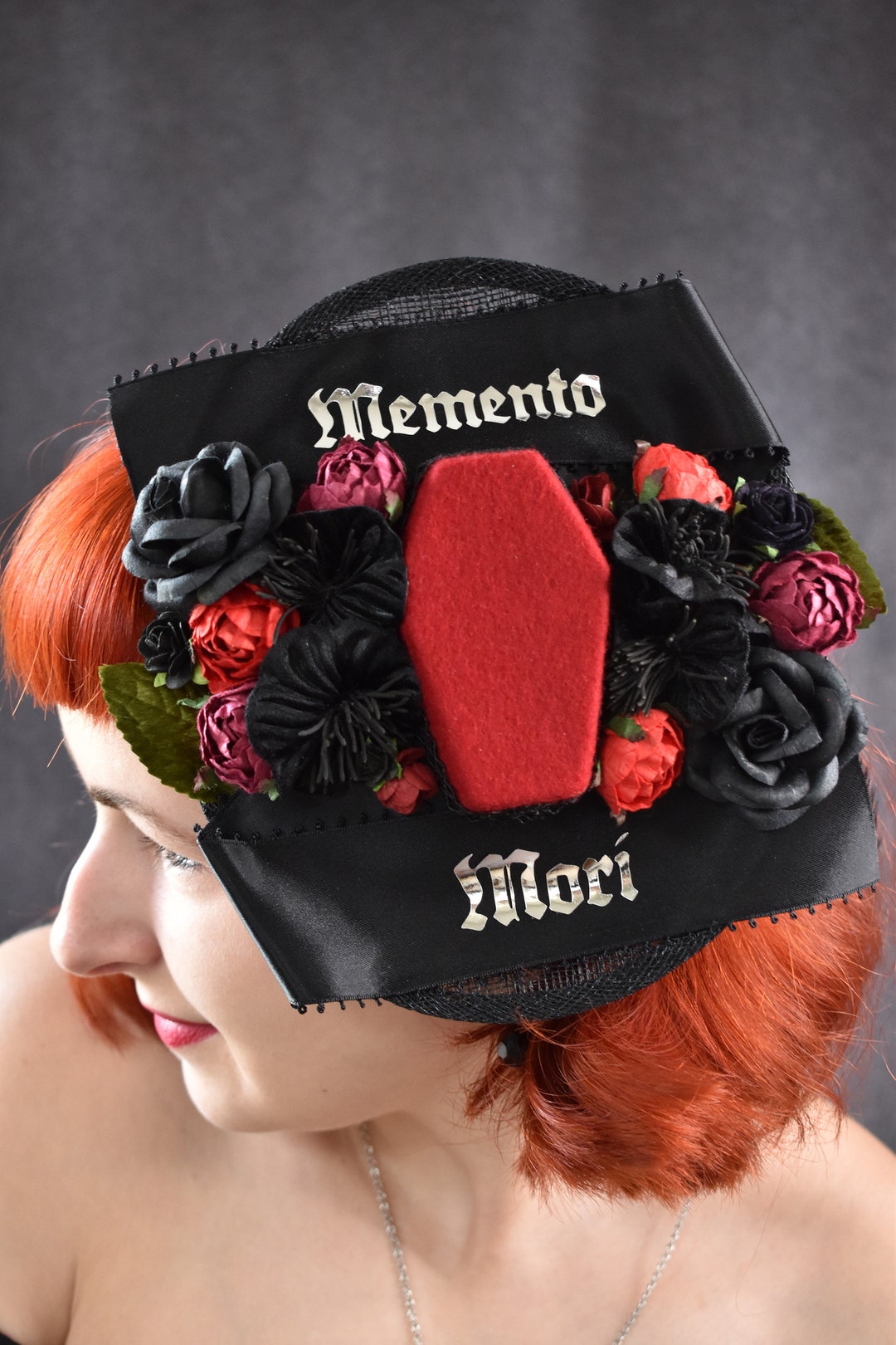 Red Coffin Fascinator, Flowers, Leaves, Ribbon | Goth, Gothic ...