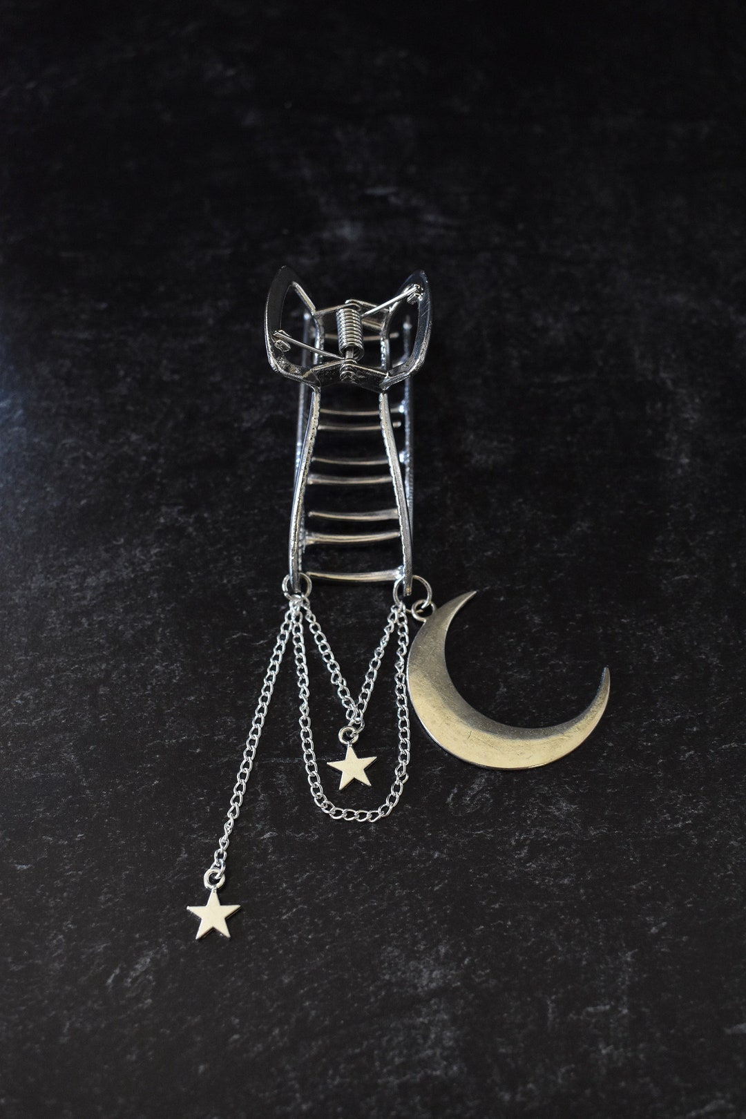 Hair Claw Clip With Silver Hued Moon and Stars | Hair Clip, Hair Claw ...