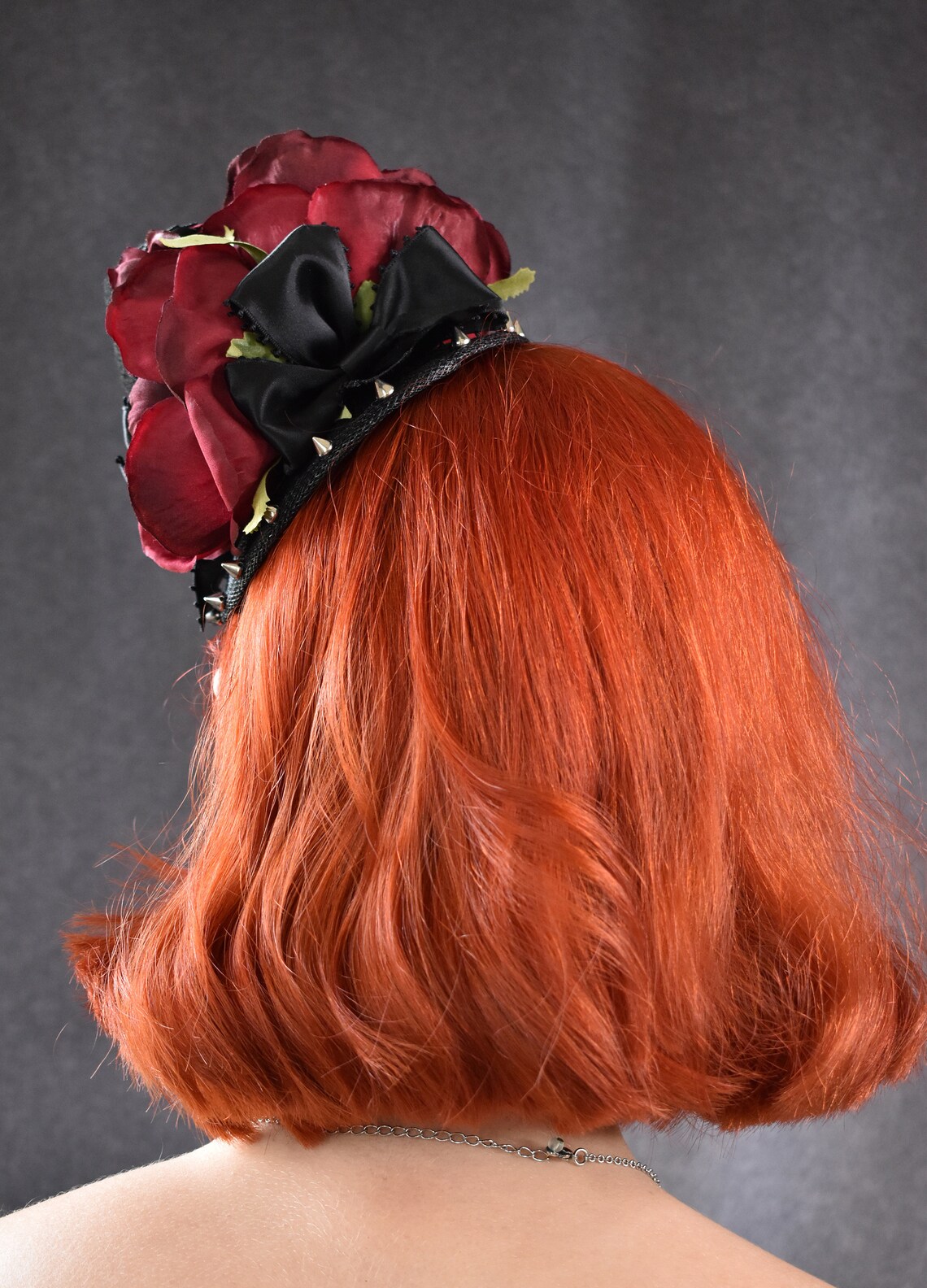 Goth Fascinator With Black Coffin, Ribbons, Studs, Red Flowers | Goth ...