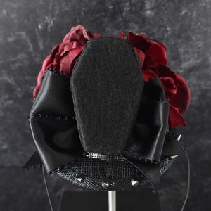 Goth Fascinator With Black Coffin, Ribbons, Studs, Red Flowers | Goth ...