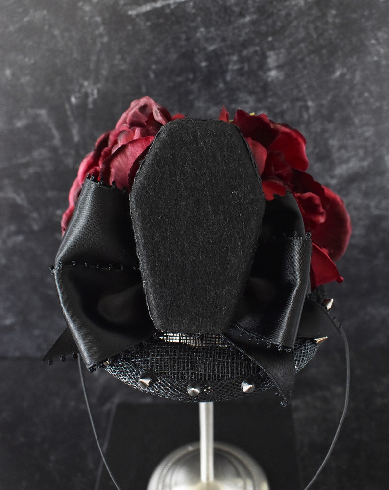Goth Fascinator With Black Coffin, Ribbons, Studs, Red Flowers | Goth ...