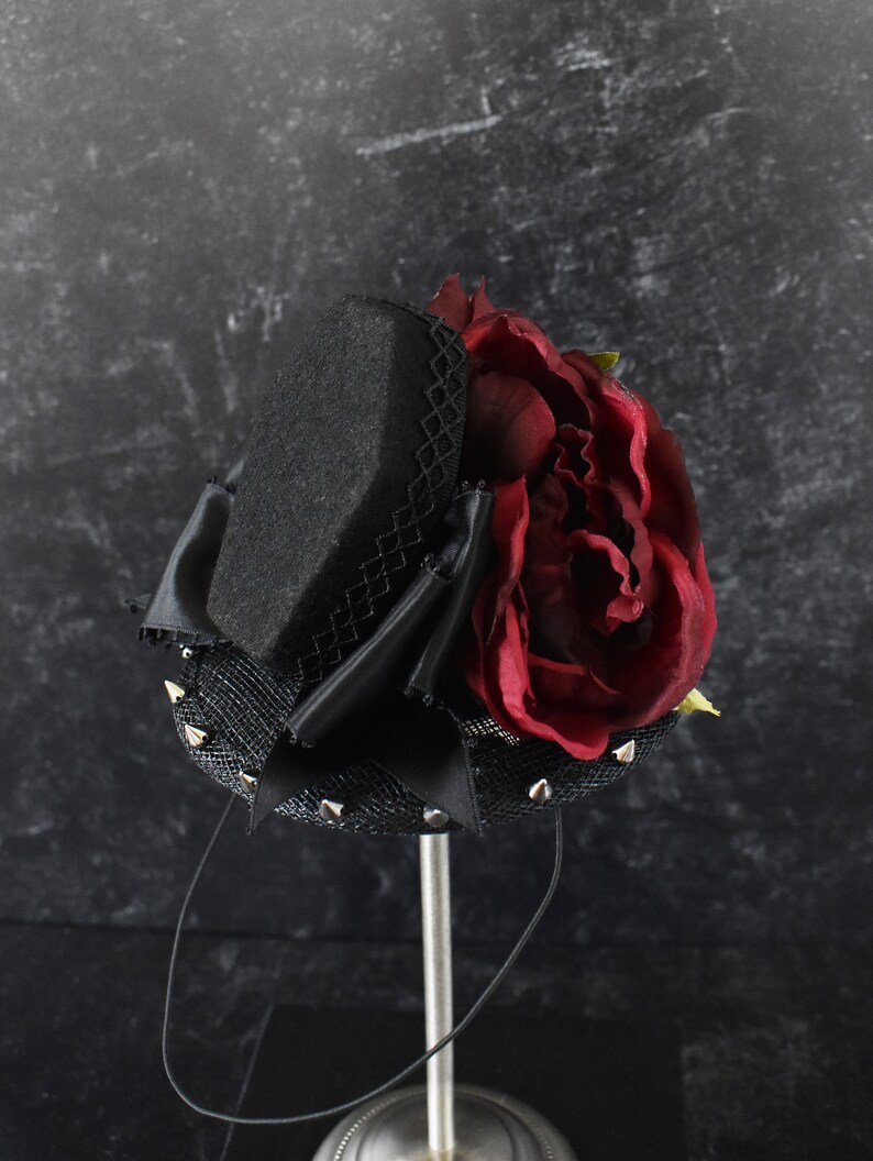 Goth Fascinator With Black Coffin, Ribbons, Studs, Red Flowers | Goth ...
