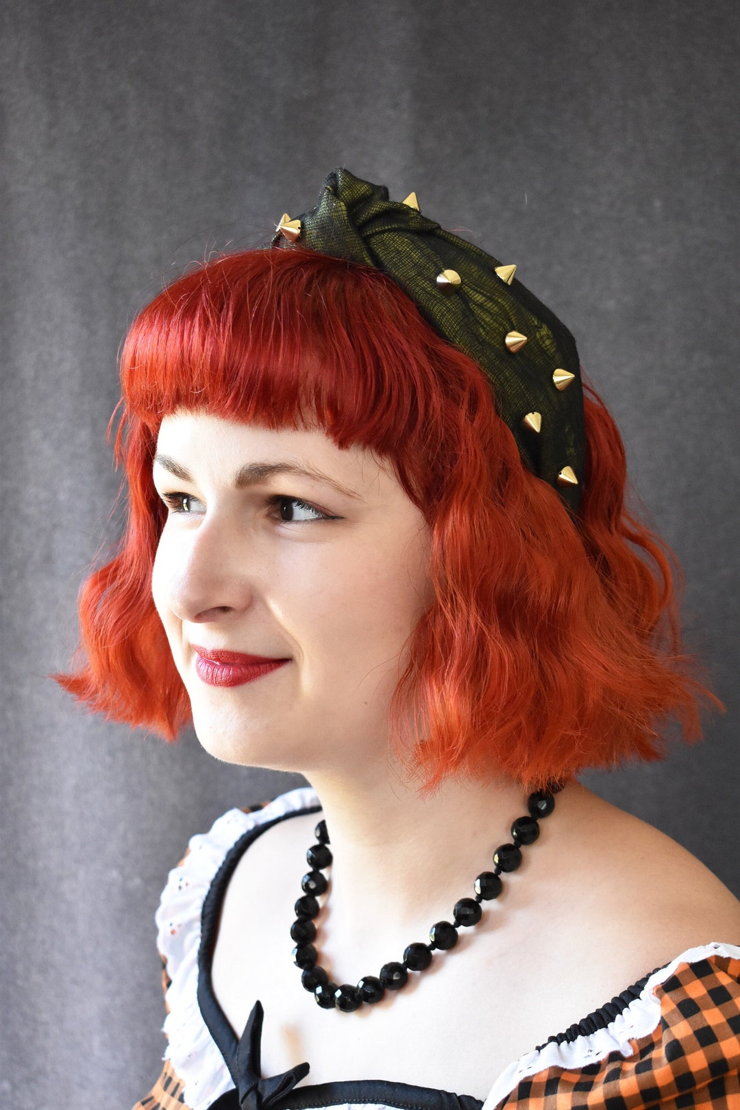Olive Army Green and Black Creepy Cloth Headband With Gold Studs ...