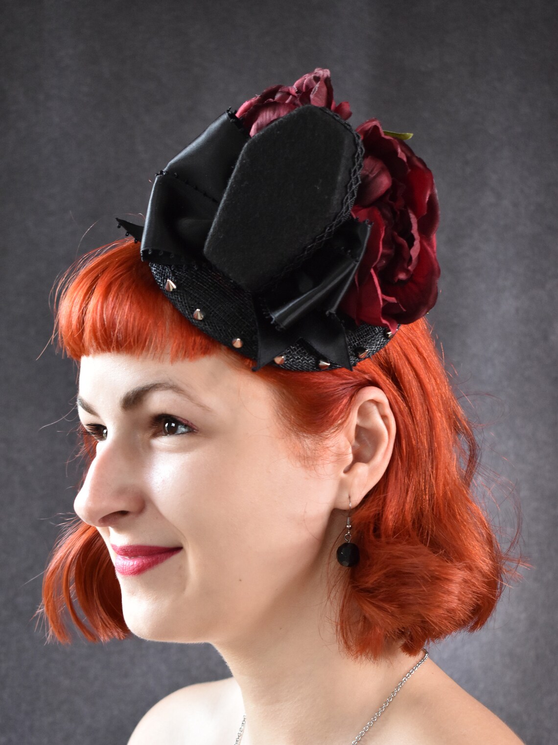 Goth Fascinator With Black Coffin, Ribbons, Studs, Red Flowers | Goth ...