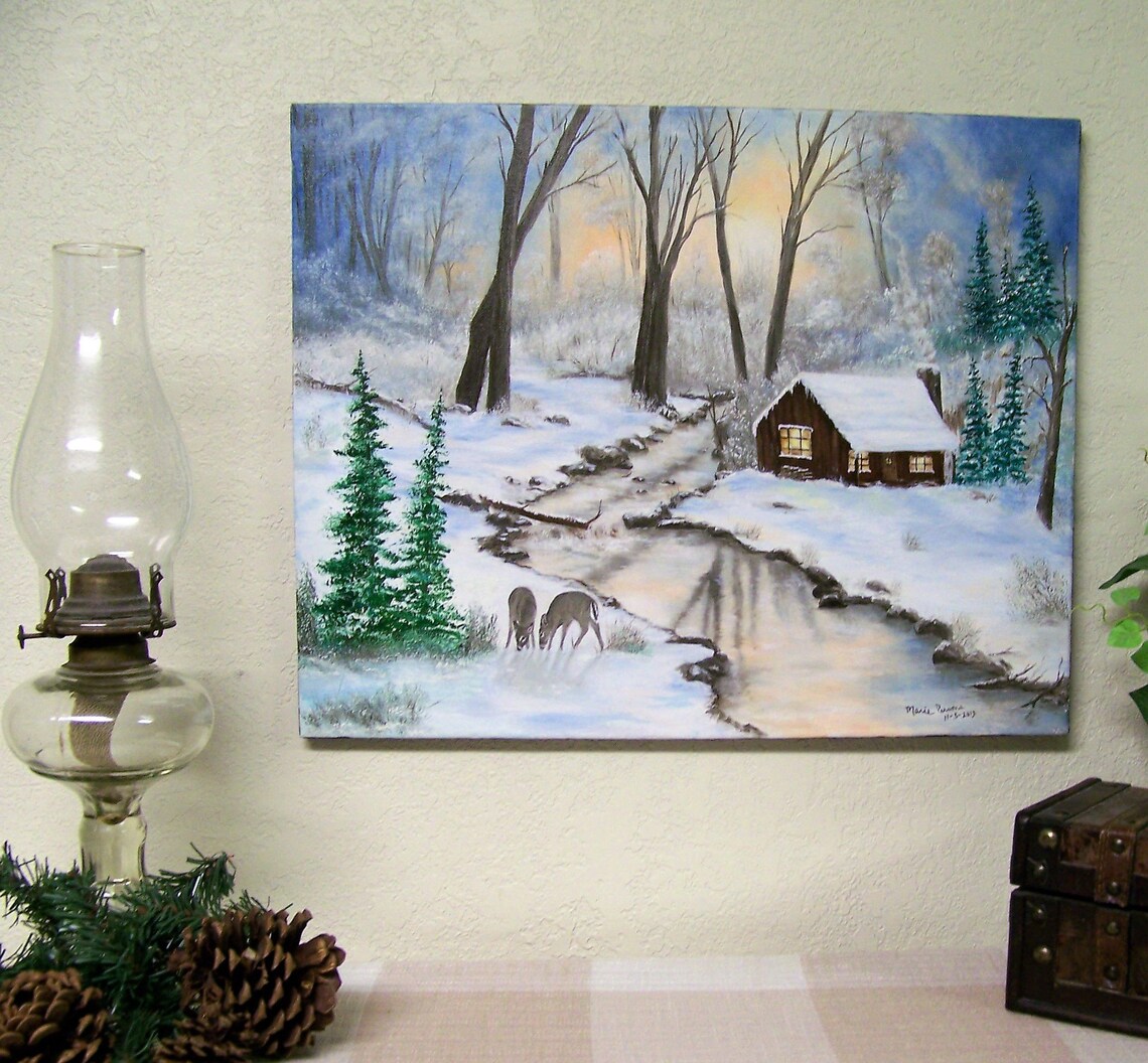 Cabin Painting Winter Landscape Painting Original Oil | Etsy