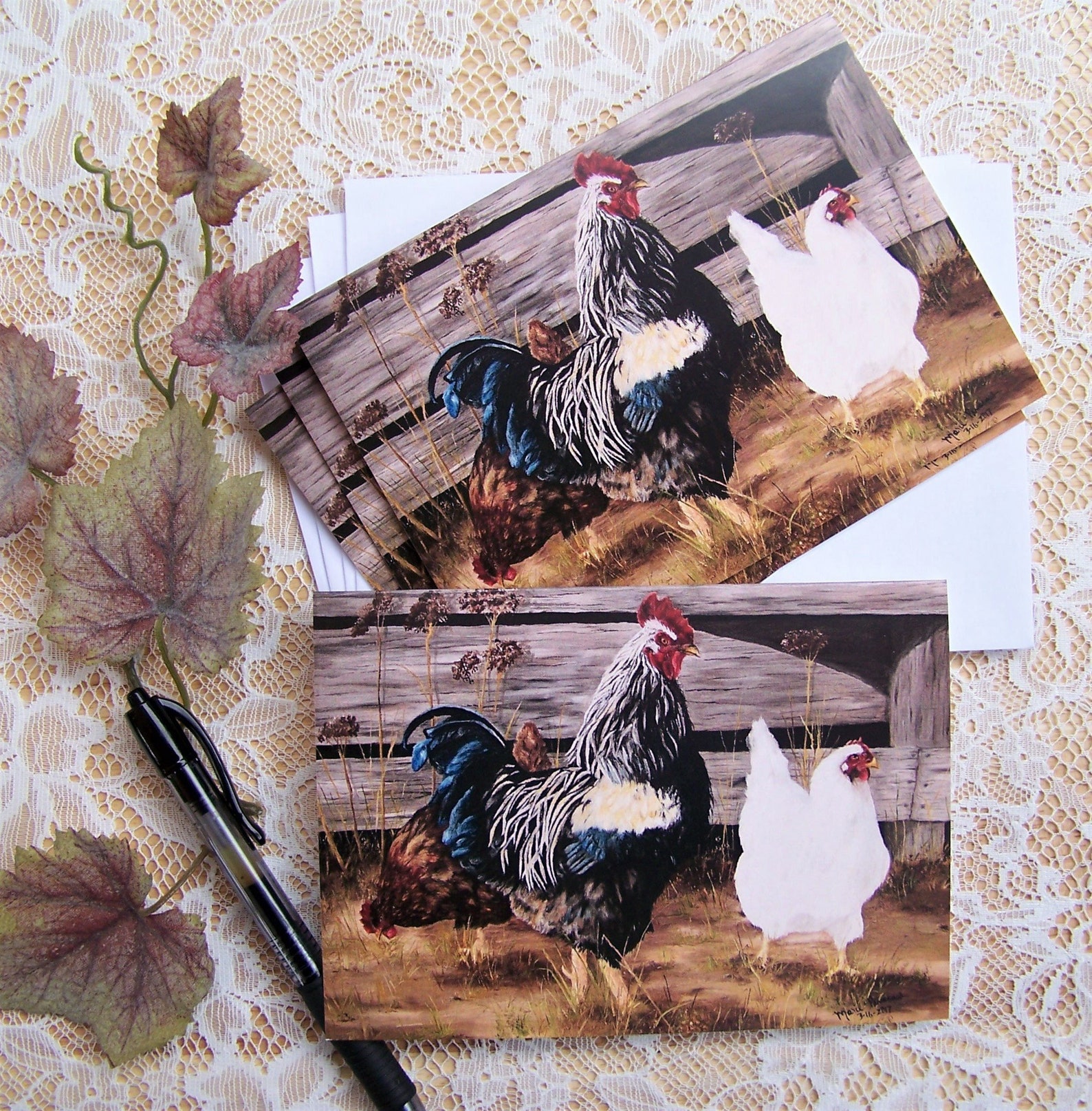 Rooster and Chicken Note Cards, Chicken Stationary, A Set of 4 Cards - Etsy