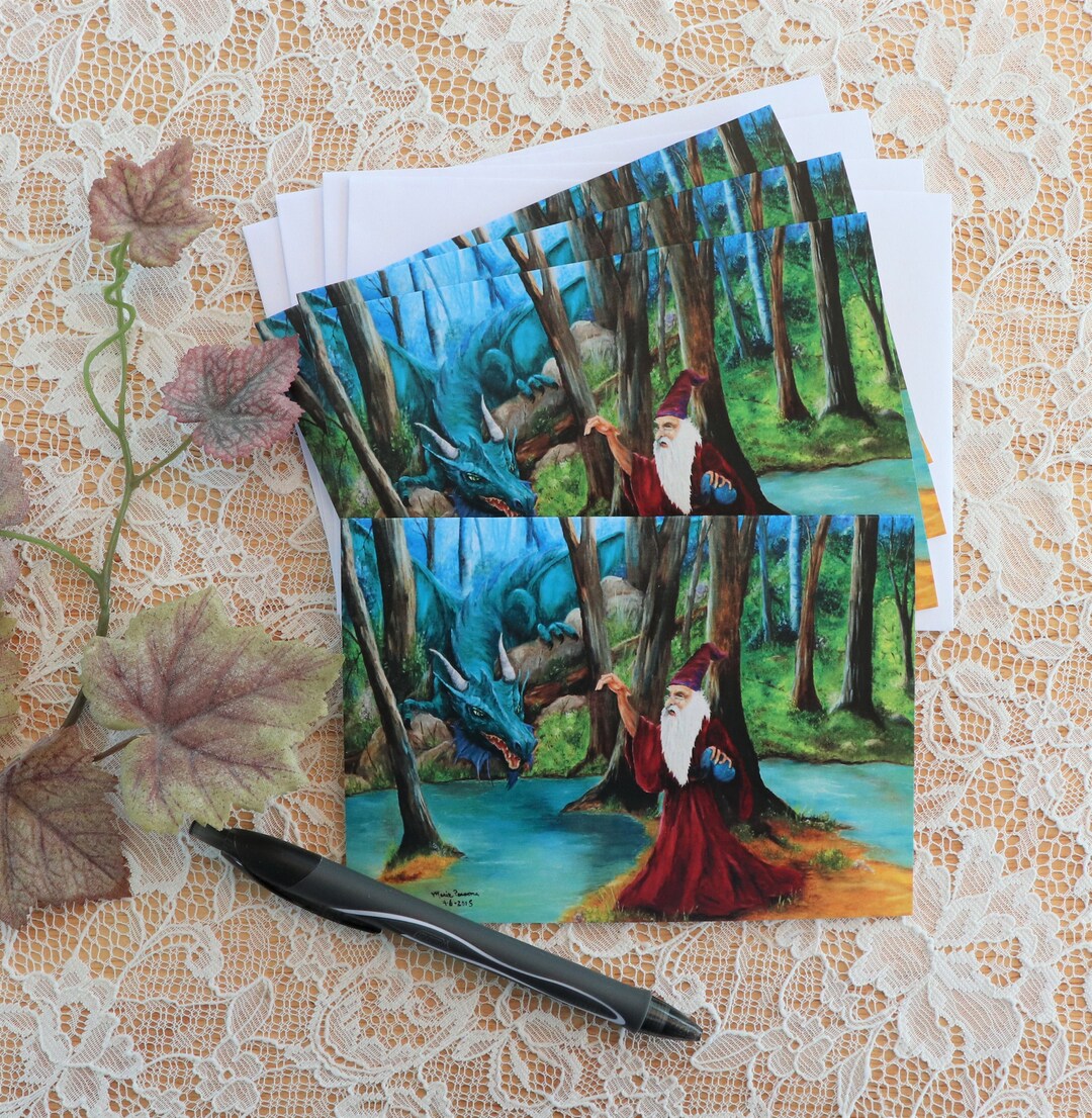 Dragon and Wizard Note Cards, Fantasy Note Cards, Mystical Note Cards ...