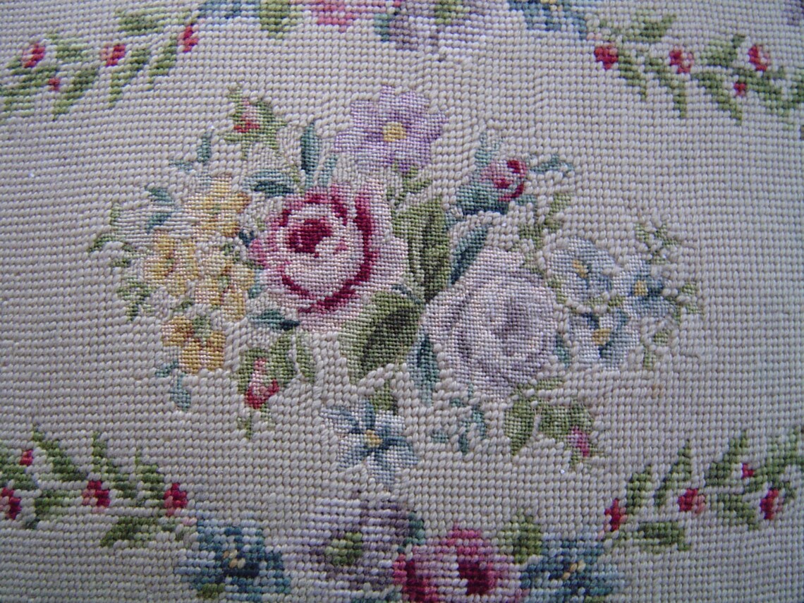 Antique Needlepoint, Petitpoint & Pink Cotton Velvet Pillow, Euro ...