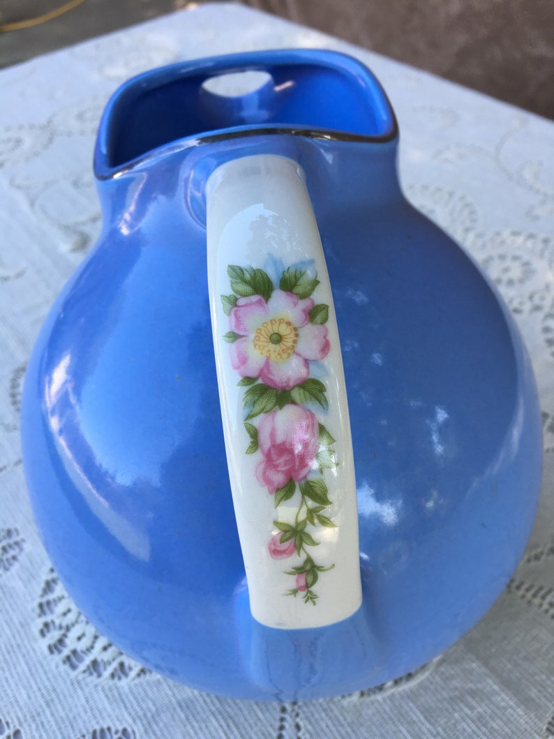 1940s Hall Ceramic Ball Water Pitcher With Spout. Bright Blue With Gold ...