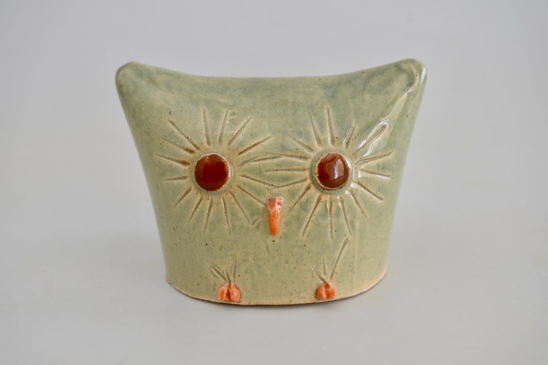 Owl Stoneware Clay With Pale Green Glaze and Brown Eyes,comes With ...