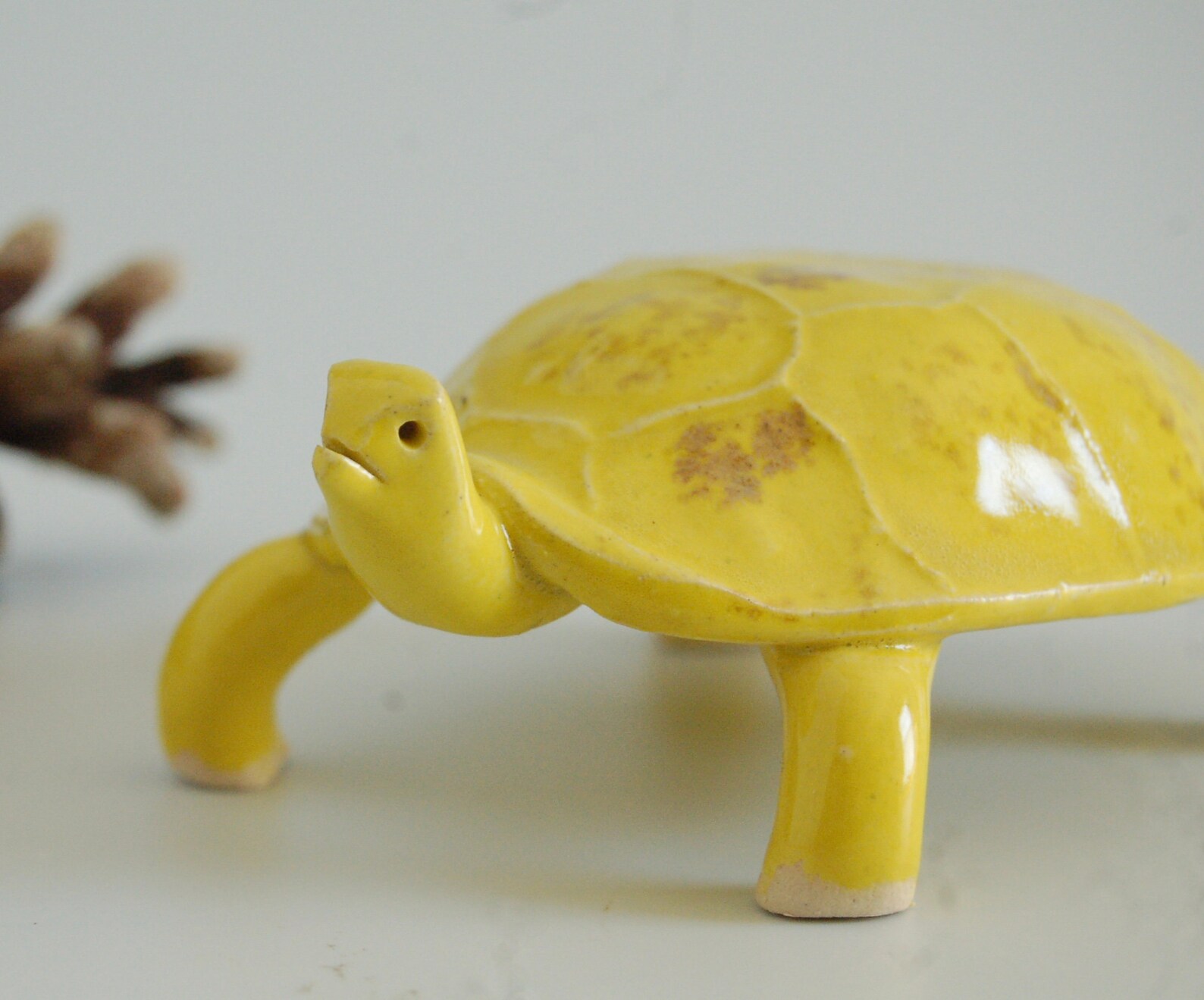 Turtle, Ceramic With Bright Yellow Glaze and Brown Accents, Comes With ...