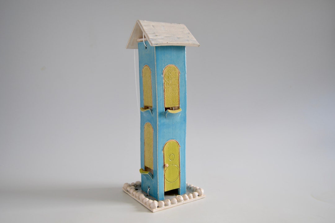 EZ Clean Victorian House Bird Feeder, Blue and Green Glaze, Stoneware ...