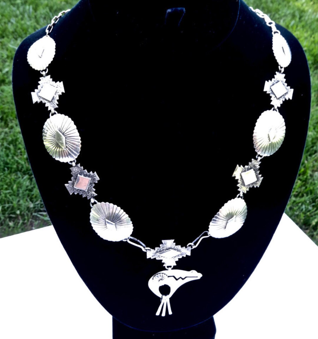 Vintage STERLING CONCHO NECKLACE Native American Navajo Sterling Silver ...