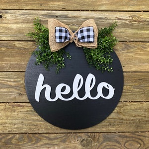 Farmhouse "hello" Wood Door Hanger, Painted Wood Door Sign, Wood Wreath ...