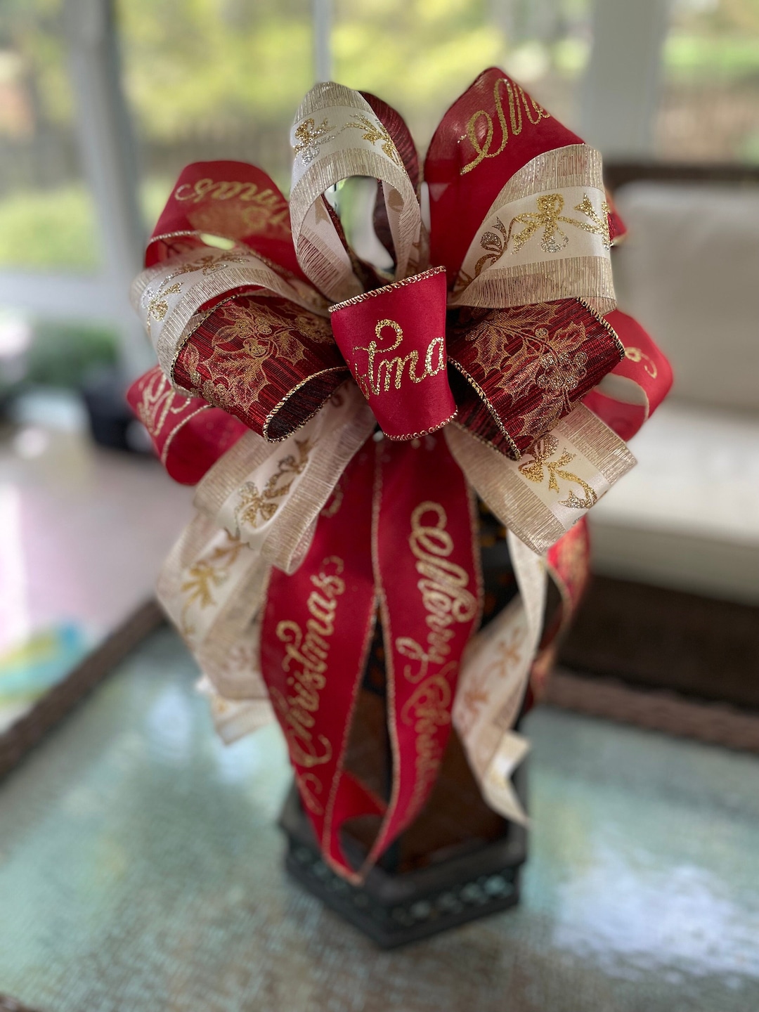 Elegant Glittery Burgundy and Cream Christmas Bow Tree Topper - Etsy