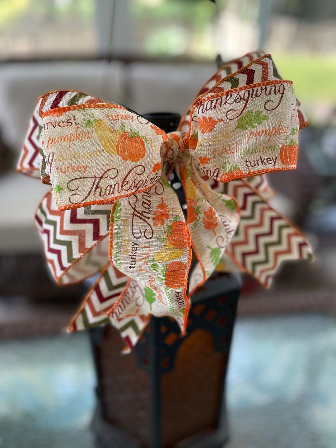 Thanksgiving Bow, Fall Bow, Thankful Wording and Fall Chevron Ribbon ...