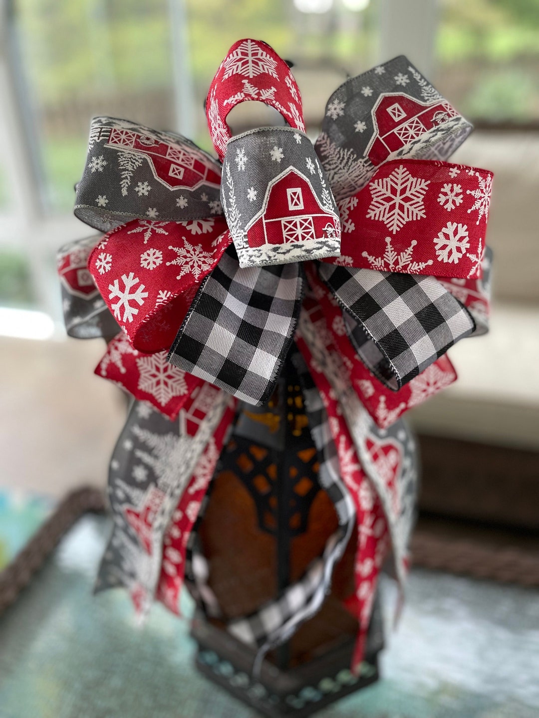 Farmhouse Christmas Bow Large Wreath Or Tree Topper Bow With Red Barn