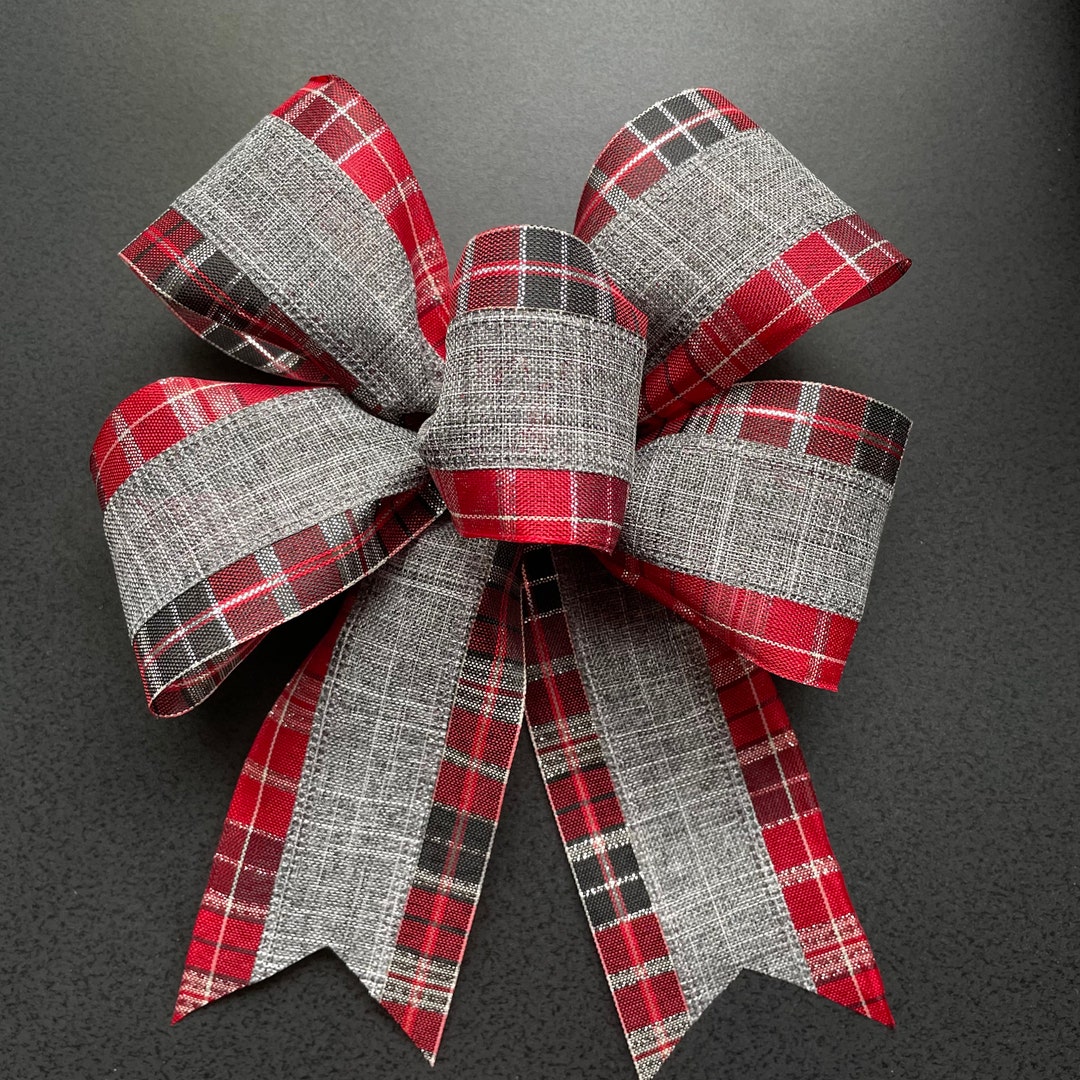 Basic Gray and Red Christmas Bow, Red Plaid Edged Farmhouse Bow ...