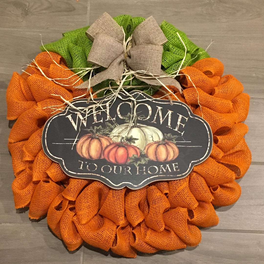 Pumpkin Wreath; Fall Welcome Wreath, Burlap Pumpkin Wreath; Fall Door ...