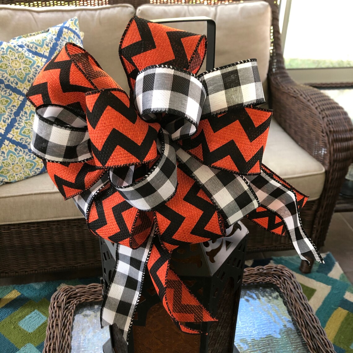 Fall Bow: Large Wreath Bow Buffalo Check and Orange Chevron - Etsy