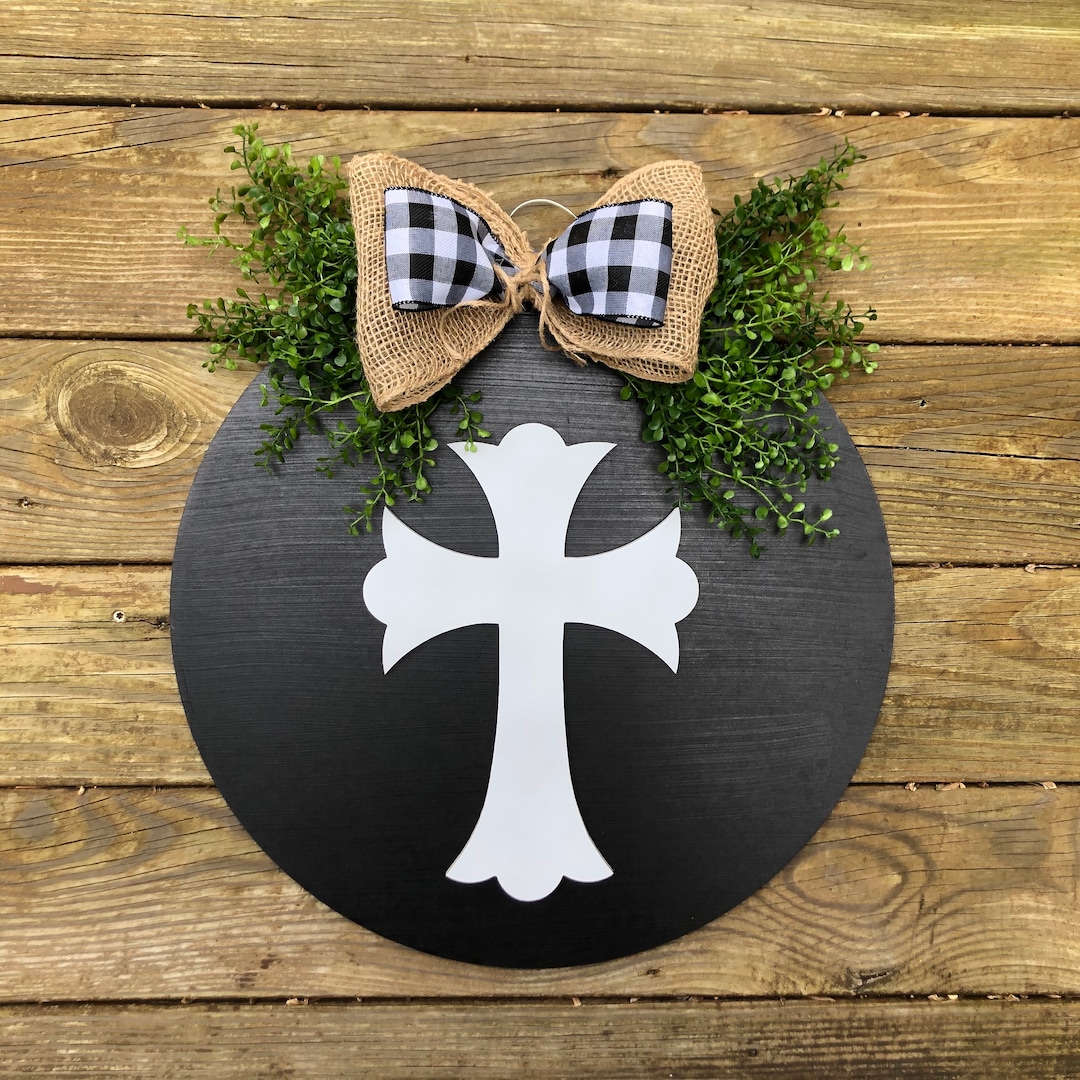 Farmhouse Cross Wood Door Hanger, Painted Wood Door Sign, Wood Wreath ...