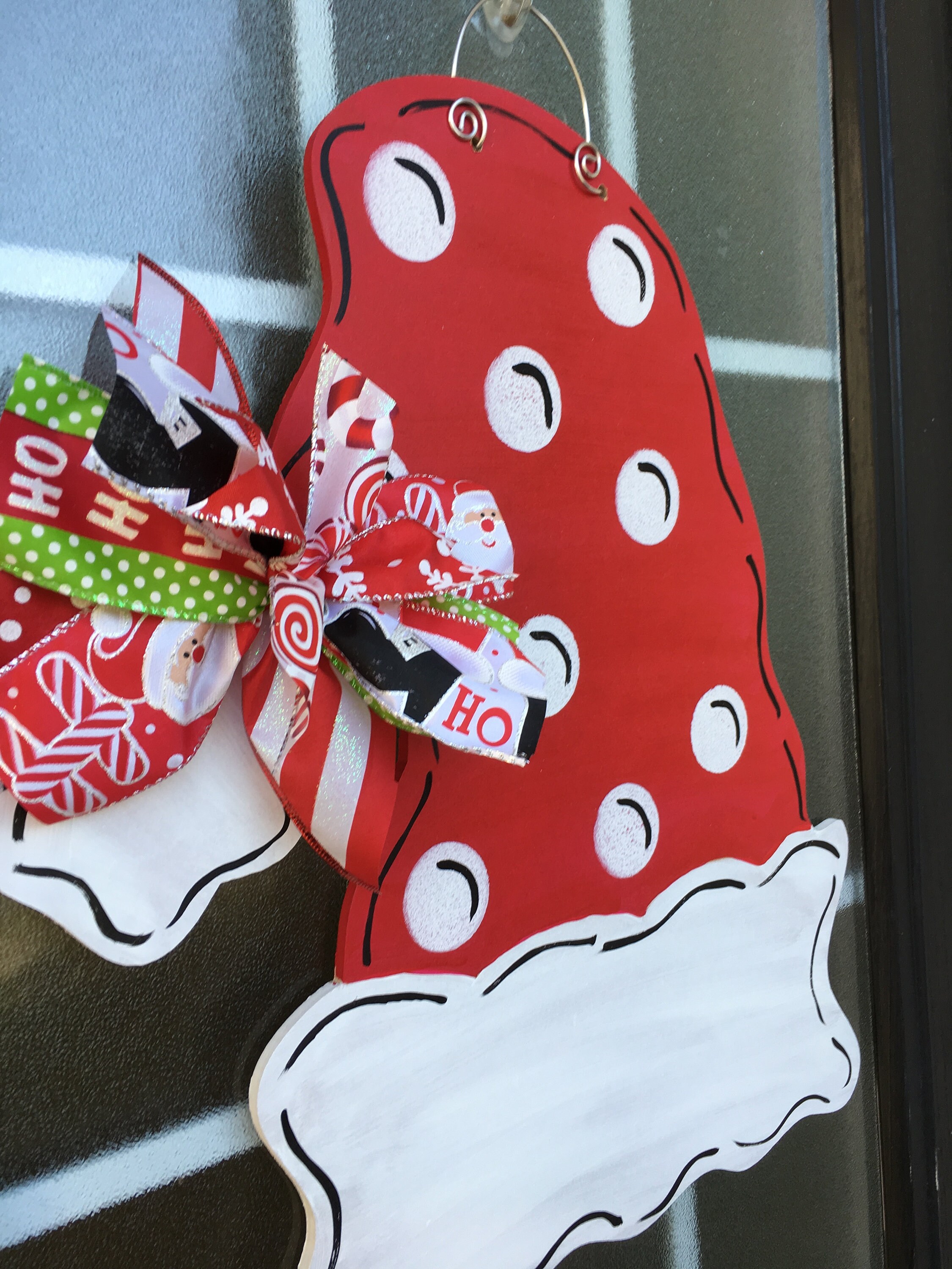 Santa Hat Door Hanger, Painted Wood Santa Hat, Polka Dot Elf Hat Door ...