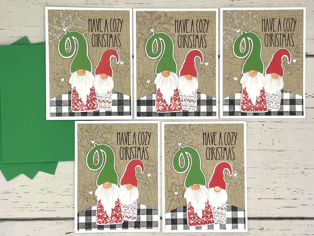 Christmas Card Pack- Assortment of 5 Handmade Gnome Holiday Cards- Set ...