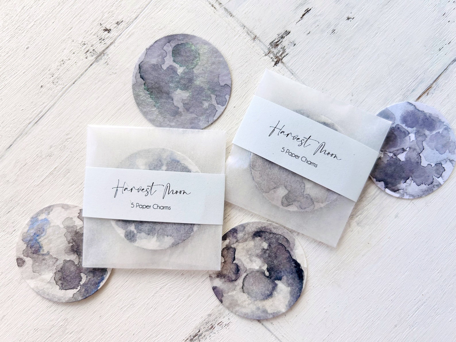 Watercolor Harvest Moon Paper Charms • Set of 5 Handmade Embellishments ...