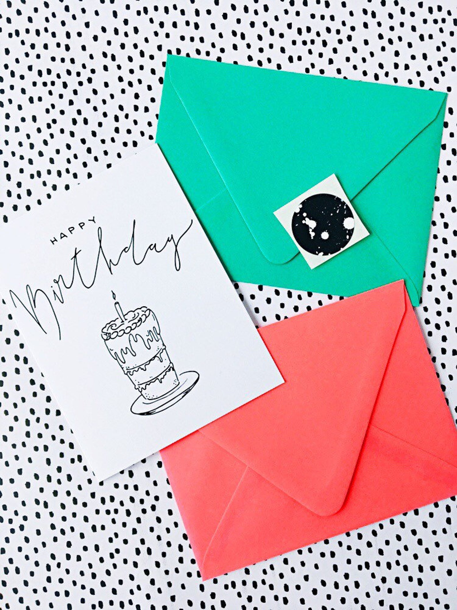 Hand Lettered Birthday Cake Card With Neon Envelope & Seal - Printed in ...