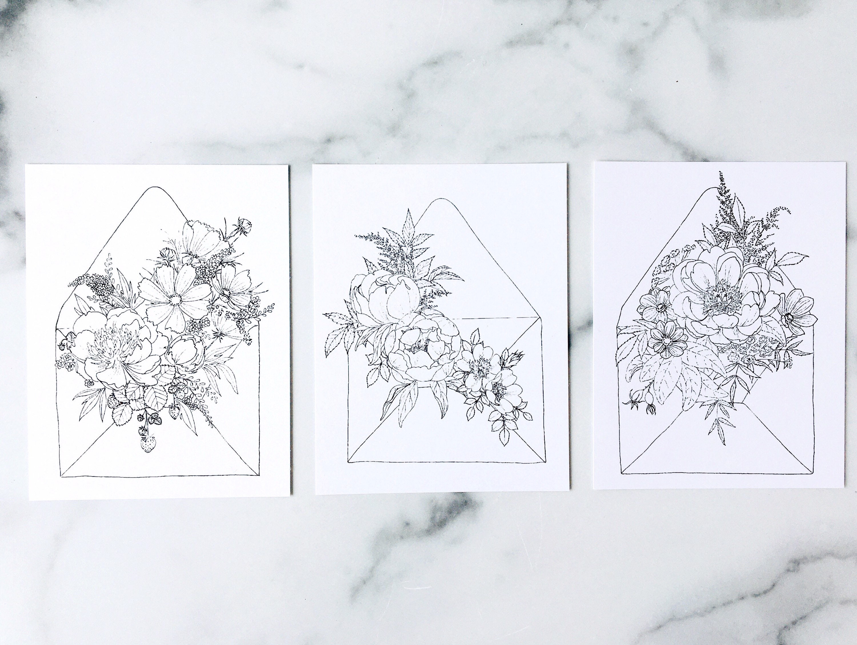 Botanical Postcard Set 6 Hand Drawn Bouquets in Envelopes | Etsy