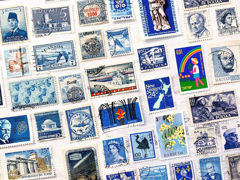 Vintage Postage Stamps • Shades of Blue • Set of 30 Postal Collage ...