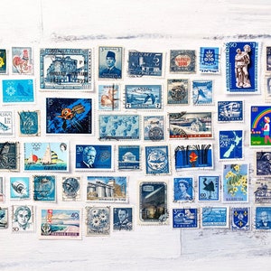 Vintage Postage Stamps • Shades of Blue • Set of 30 Postal Collage ...